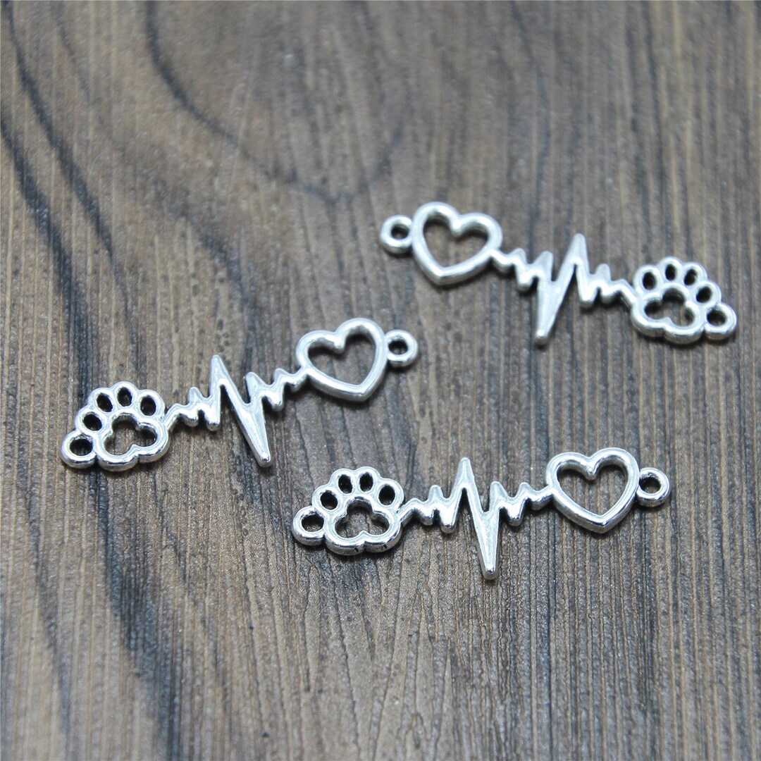 20pcs/lot Pet Paws Heartbeat Charms Antiqued Silver Tone Heart Rate ...
