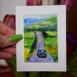 Miniature Watercolor Painting, Car Small Original Artwork, Road Wall ...
