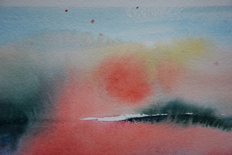 Abstract Sunset Print, Red Sun Poster, Minimalist Landscape Watercolor ...
