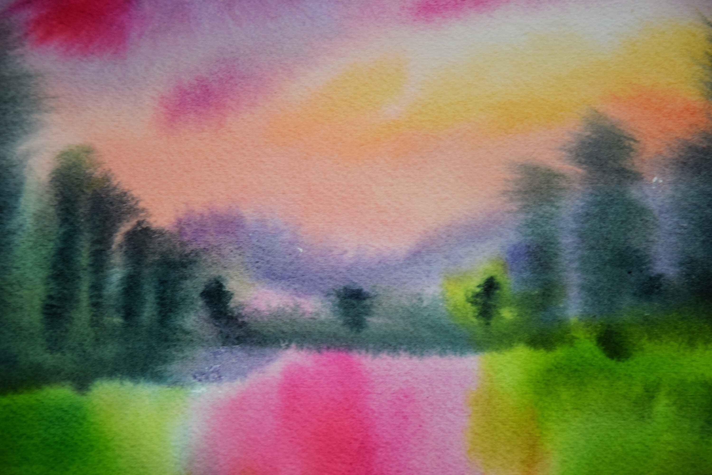 Sunset Landscape Painting ORIGINAL Watercolor Painting Pink | Etsy