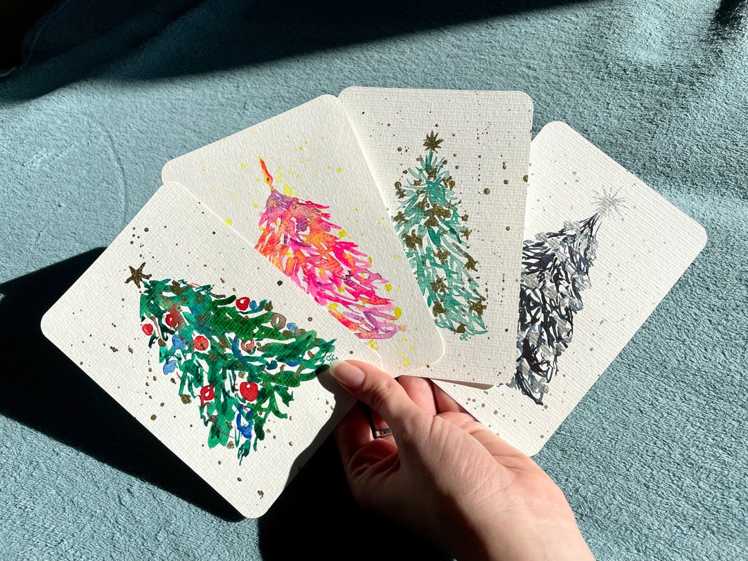 Christmas Tree Painting, Holiday Cards, Hand Painted Postcard, Original Watercolor Painting - Etsy
