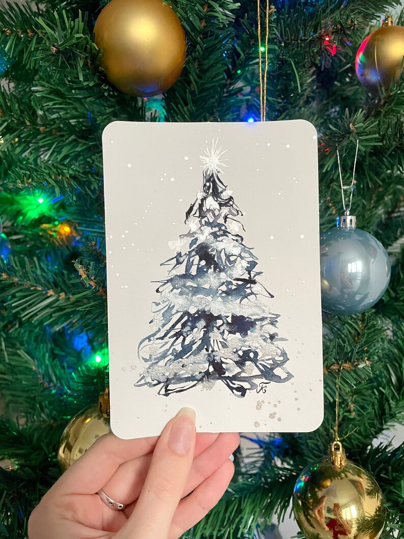 Christmas Tree Painting Holiday Cards Hand Painted Postcard | Etsy