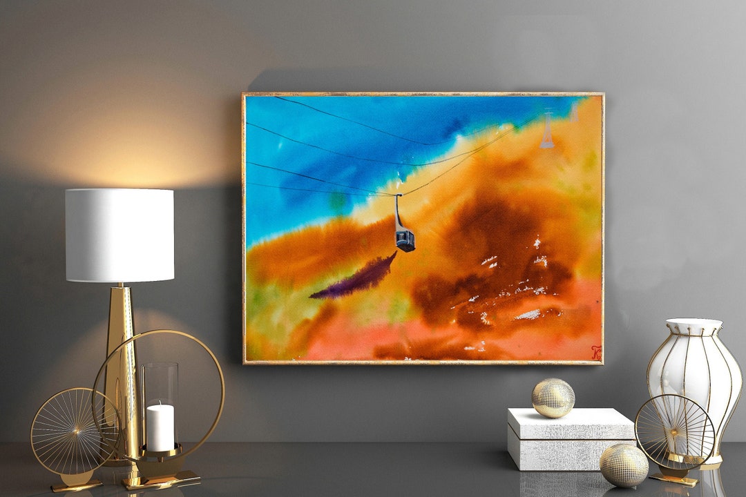 Mountain Original Painting, Cable Car Watercolor Painting, Volcano ...