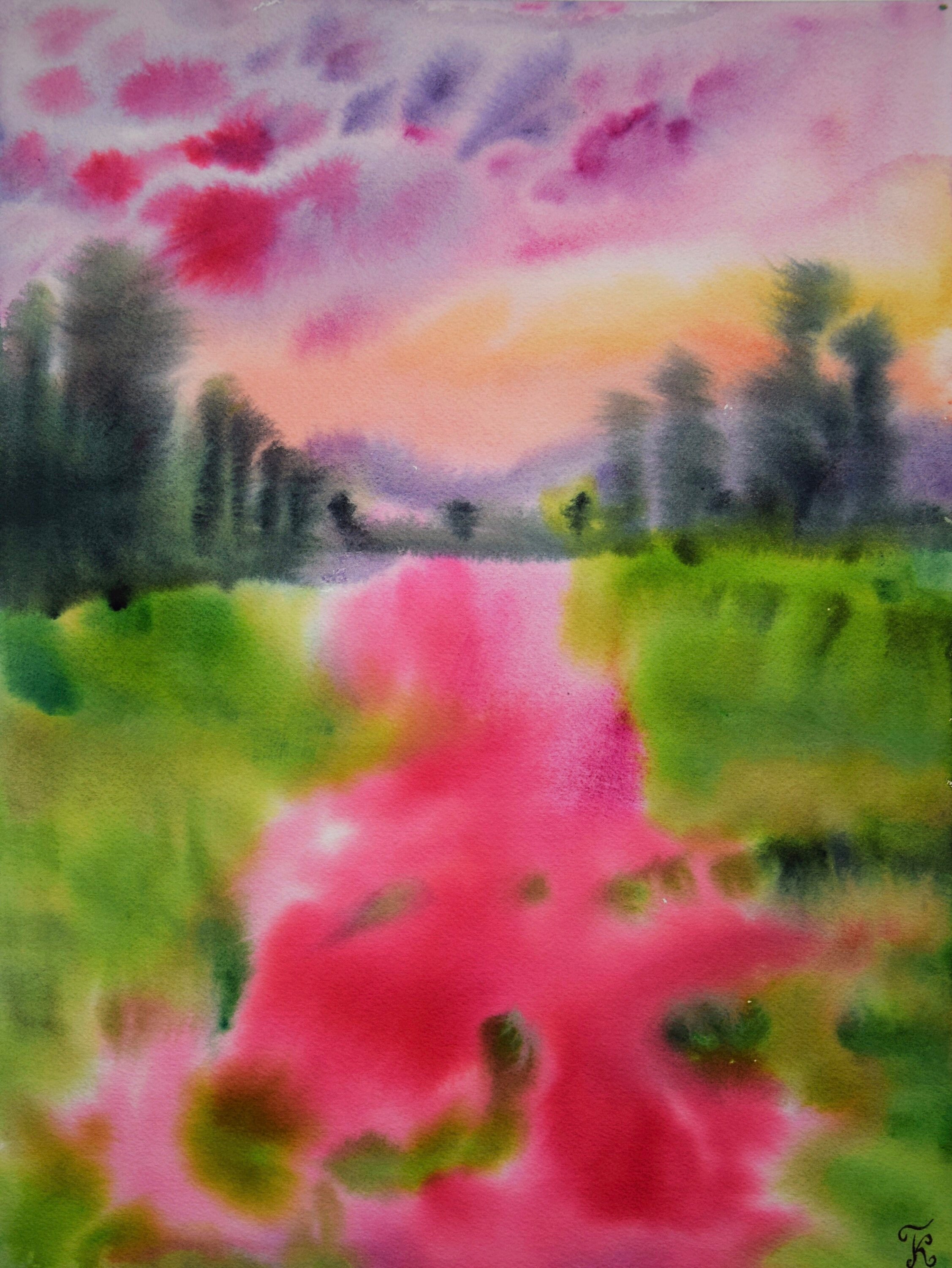 Sunset Landscape Painting ORIGINAL Watercolor Painting Pink | Etsy