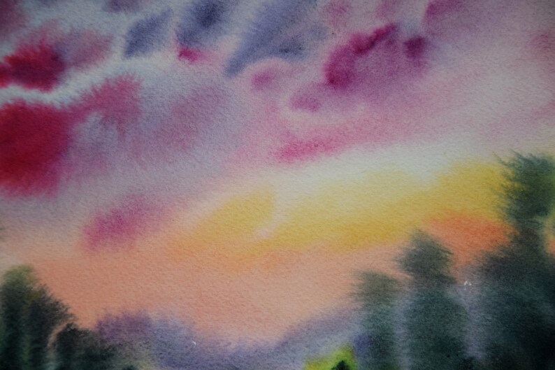Sunset Landscape Painting ORIGINAL Watercolor Painting Pink - Etsy