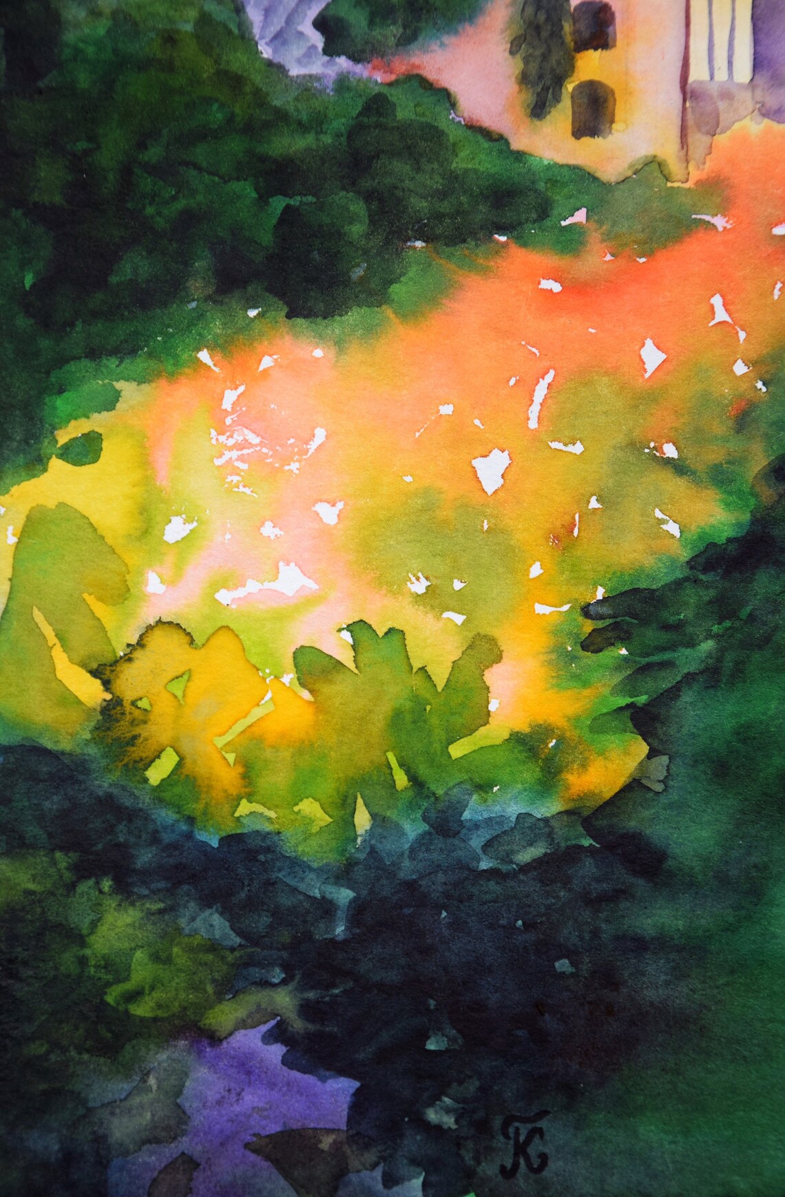 Cottagecore Painting Sunset Garden Original Watercolor - Etsy