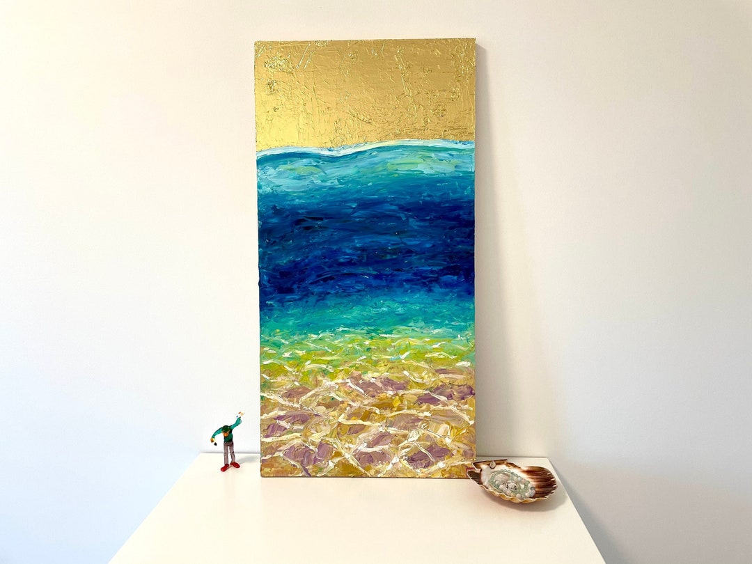 Golden Original Oil Paining on Wood: Sea Ocean Large Artwork, Seascape ...