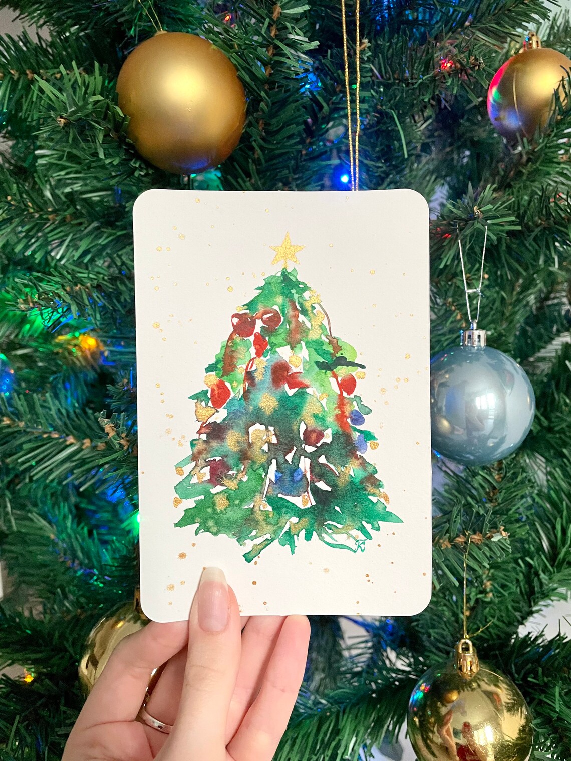 Christmas Tree Painting Holiday Cards Hand Painted Postcard | Etsy
