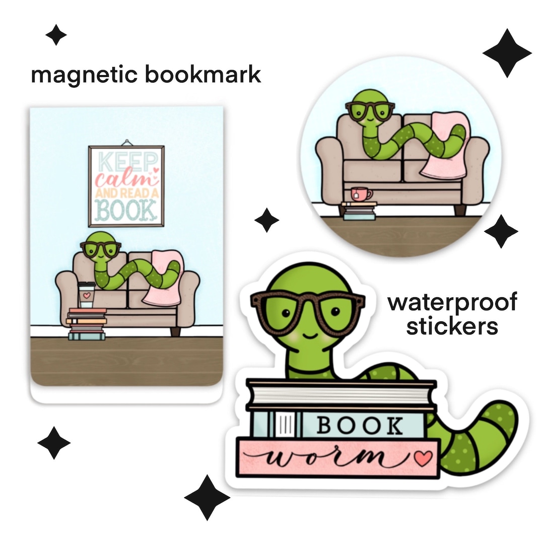Bookworm Bundle / Bookmark and Sticker Bundle / Magnetic Bookmark ...