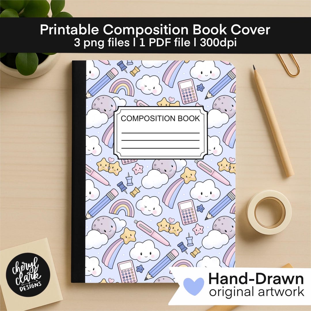 Printable Composition Notebook Cover PNG / Stars, Moon and Stationery ...
