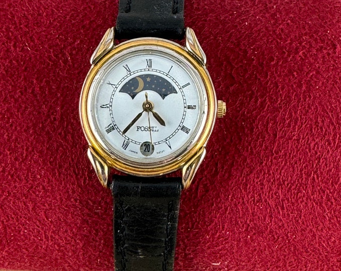 Vintage Fossil Gold Tone Moon Phase Watch 8 Inch Black Strap - Etsy