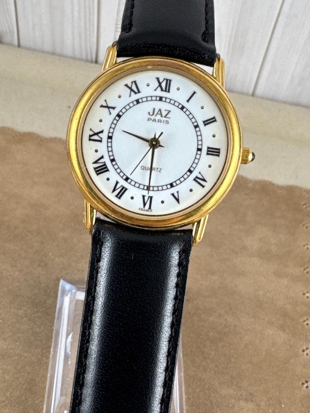 Vintage Jaz Paris Watch: Gold Plated, Black Leather Strap, Roman ...