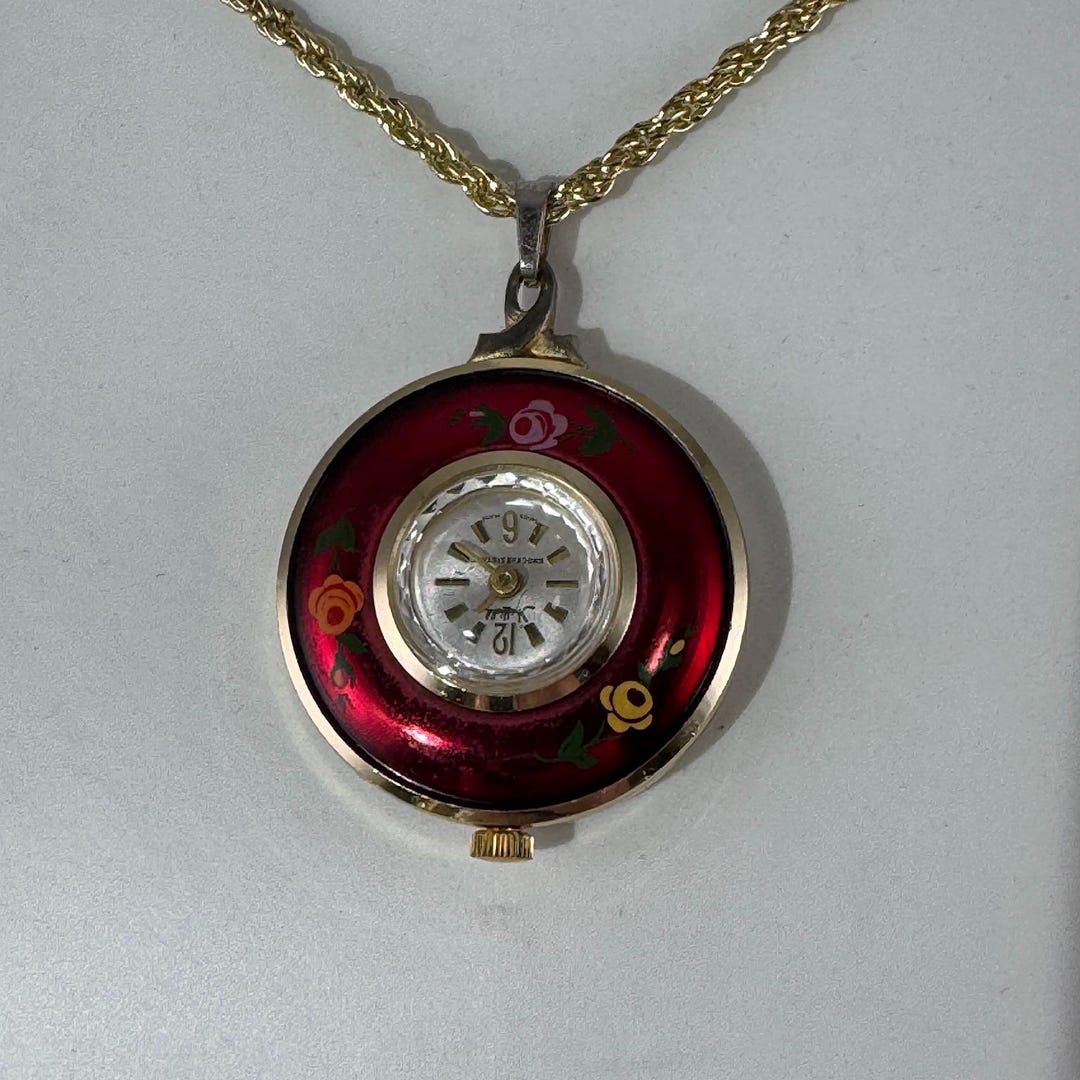Vintage Sheffield Swiss Pendant Watch Gold Tone Red Enamel With Hand ...