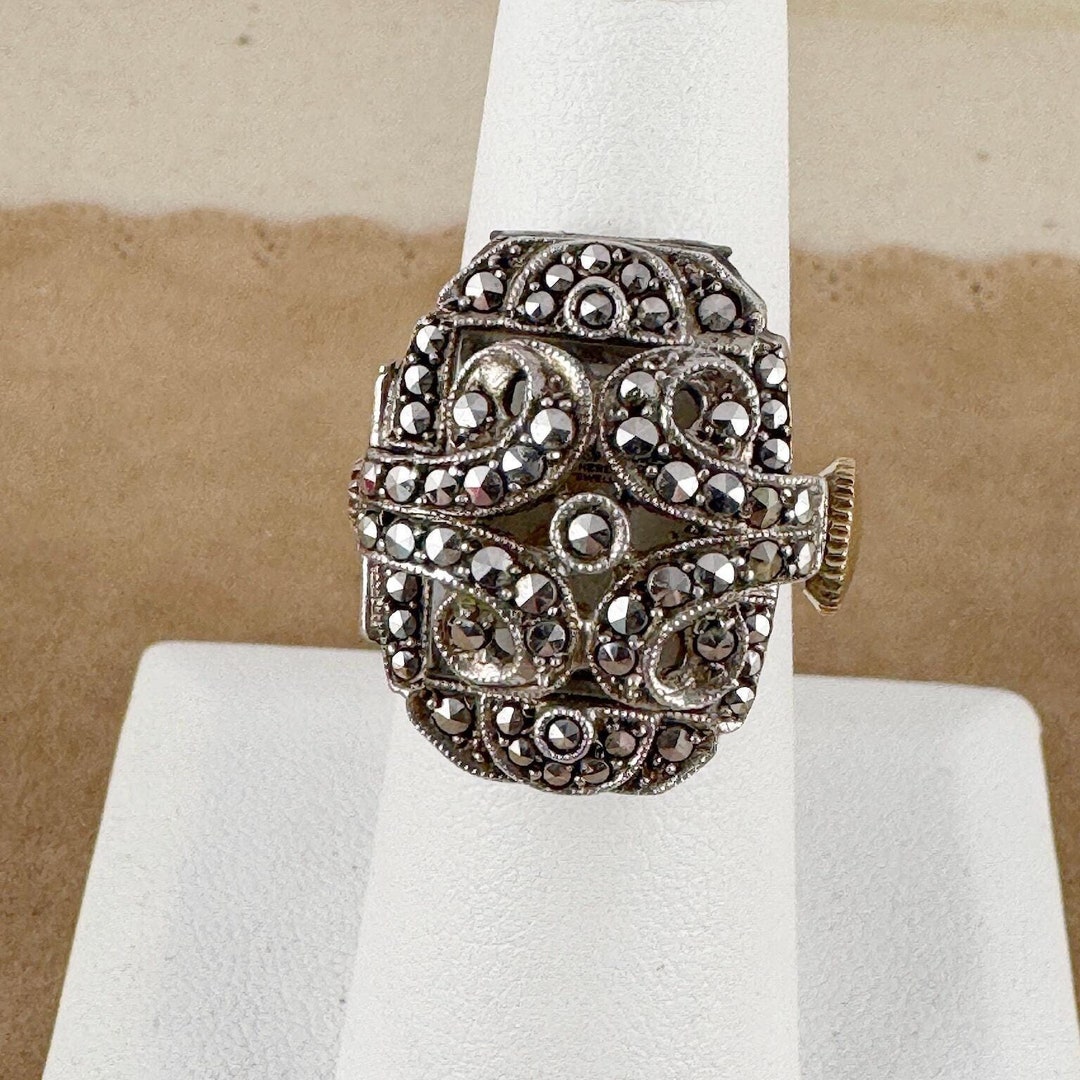 Vintage Flip up Bucherer Ring Watch Sterling Silver With Marcasite Gems ...