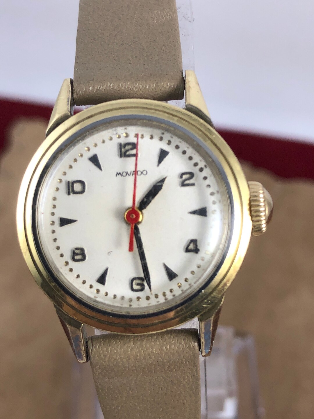 Vintage Movado Hand Wind Watch: 1950s Two-tone Case, Gold Bezel, Tan ...