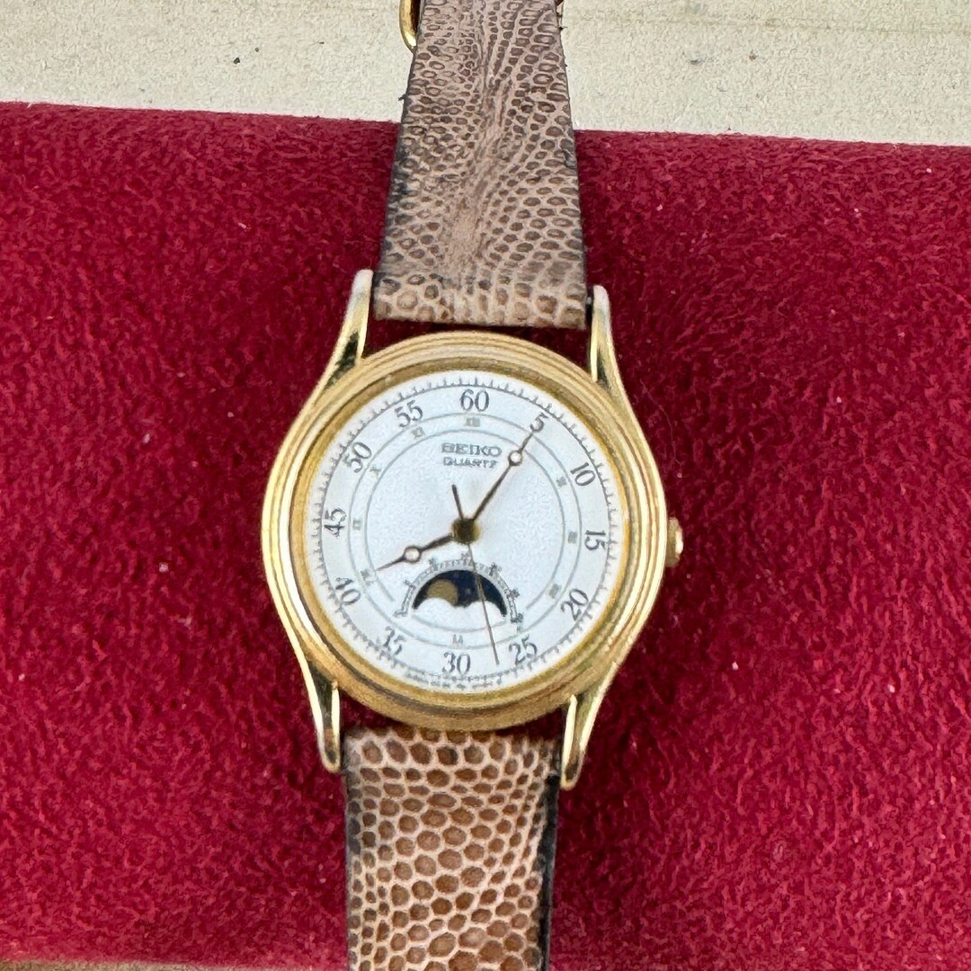 Vintage Seiko Moon Phase Watch Gold With New Dax Brown Lizard 8 Inch ...