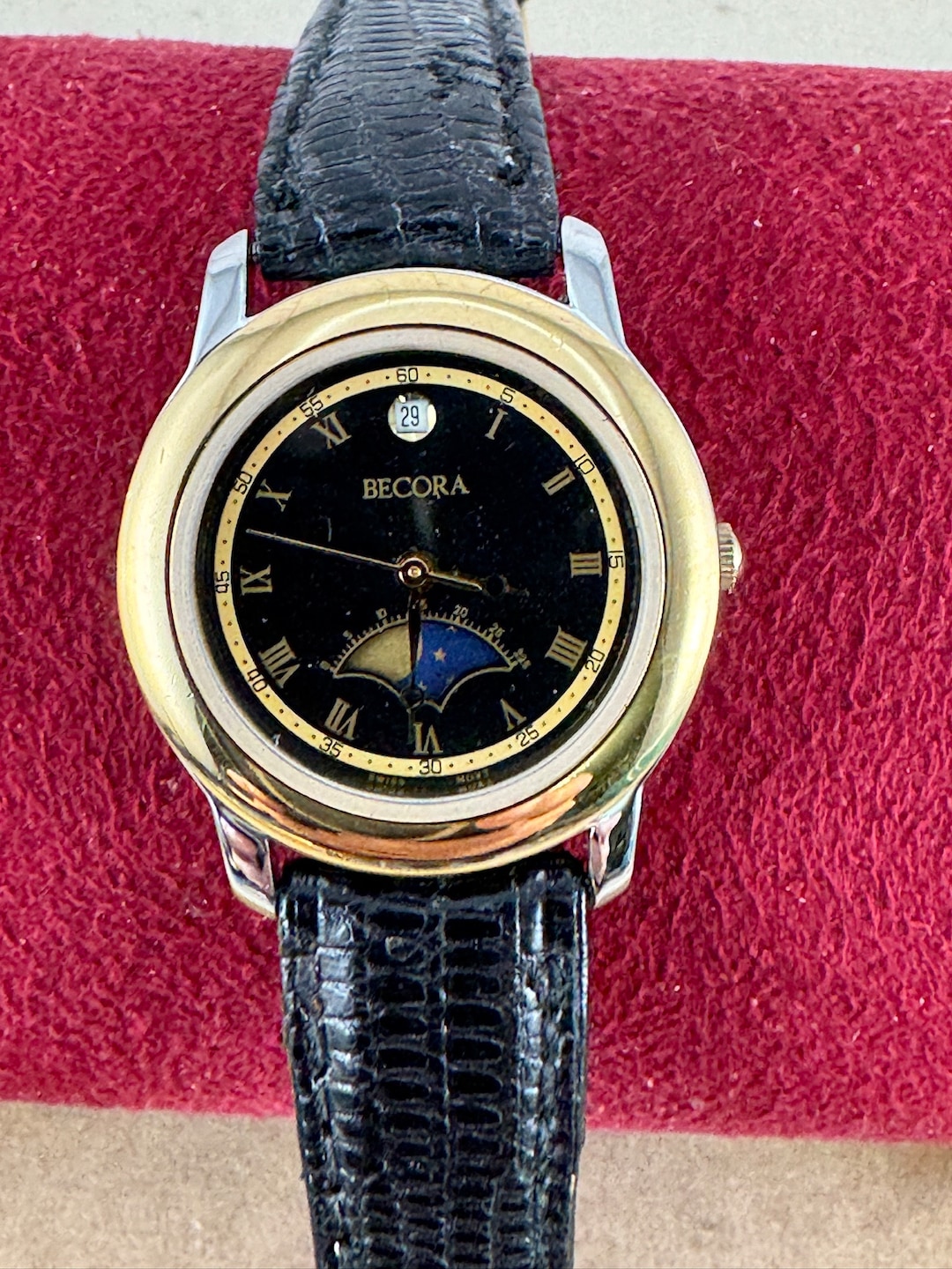Vintage Becora Moon Phase Watch Has Date Black Dial With Roman Numerals ...