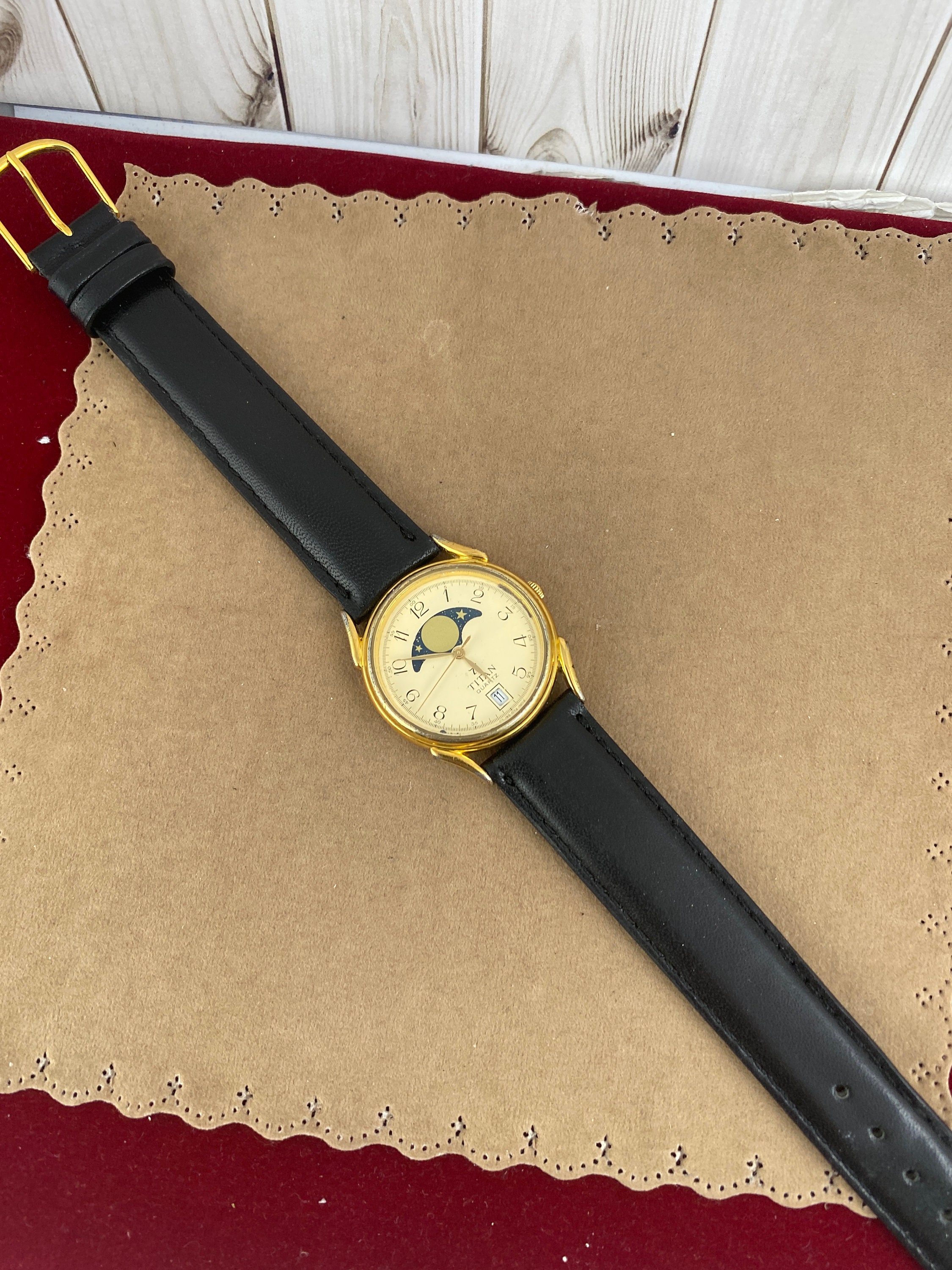 Titan Vintage Moon Phase Watch With Arabic Numerals Gold Tone - Etsy