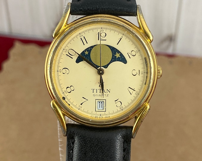 Titan Vintage Moon Phase Watch With Arabic Numerals Gold Tone 1.25 Inch ...