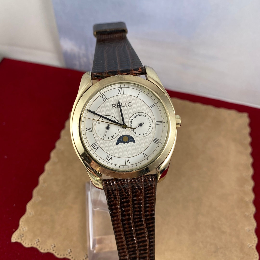 Vintage Relic by Fossil Moonphase Watch: Gold Case, Brown Leather Strap ...