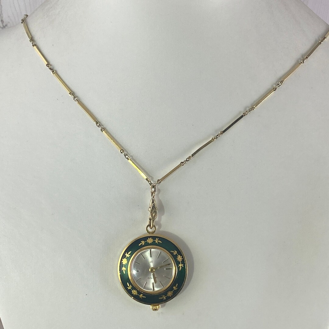 Vintage Swiss Heno Pendant Watch Gold Plated With Emerald Green Enamel ...