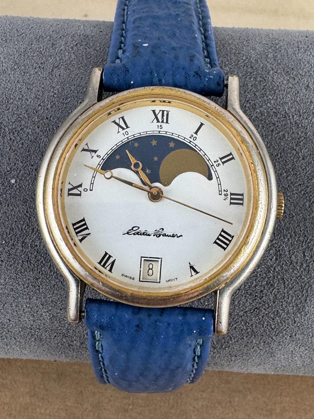 Vintage Eddie Bauer Moon Phase Watch With Date at 6 O'clock 2 Tone Gold ...