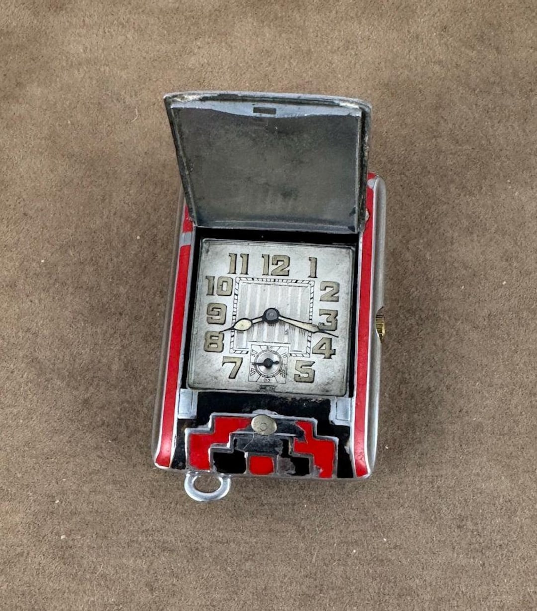 Vintage 1920s Art Deco Red and Black Enamel Pop-up Watch Nickel Chrome ...