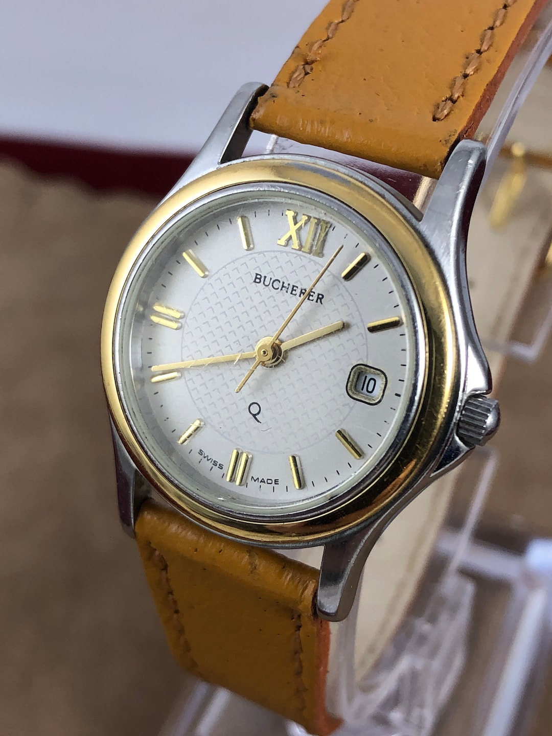 Vintage 1970s Bucherer Ladies Watch: Gold Plated Swiss Quartz, Tan ...