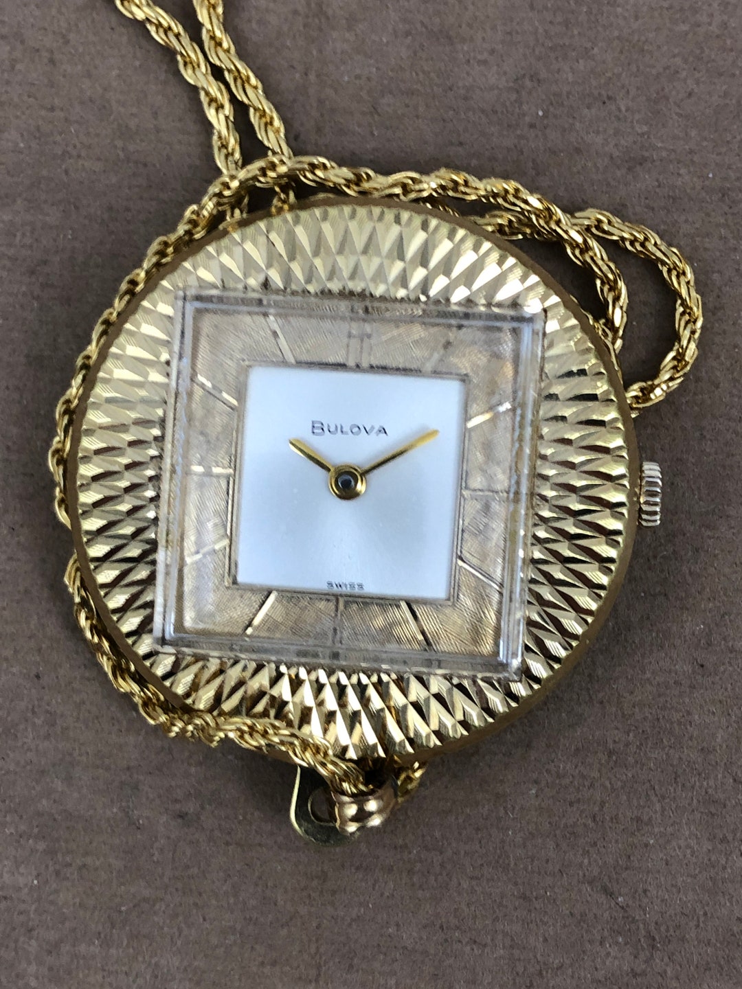 Vintage Bulova Pendant Watch 1 1/4 Inch Tall Square Face on Round Bezel ...