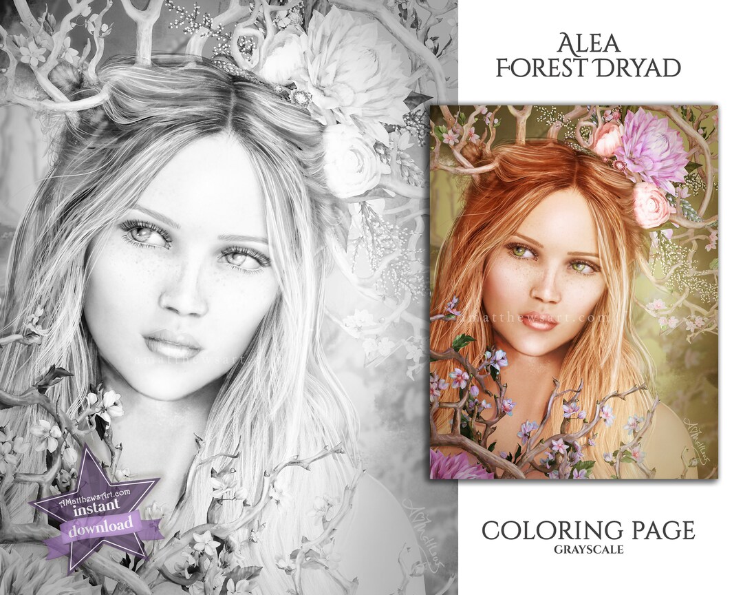 Beautiful Fantasy Dryad Portrait in Flowered Forest Grayscale Coloring ...