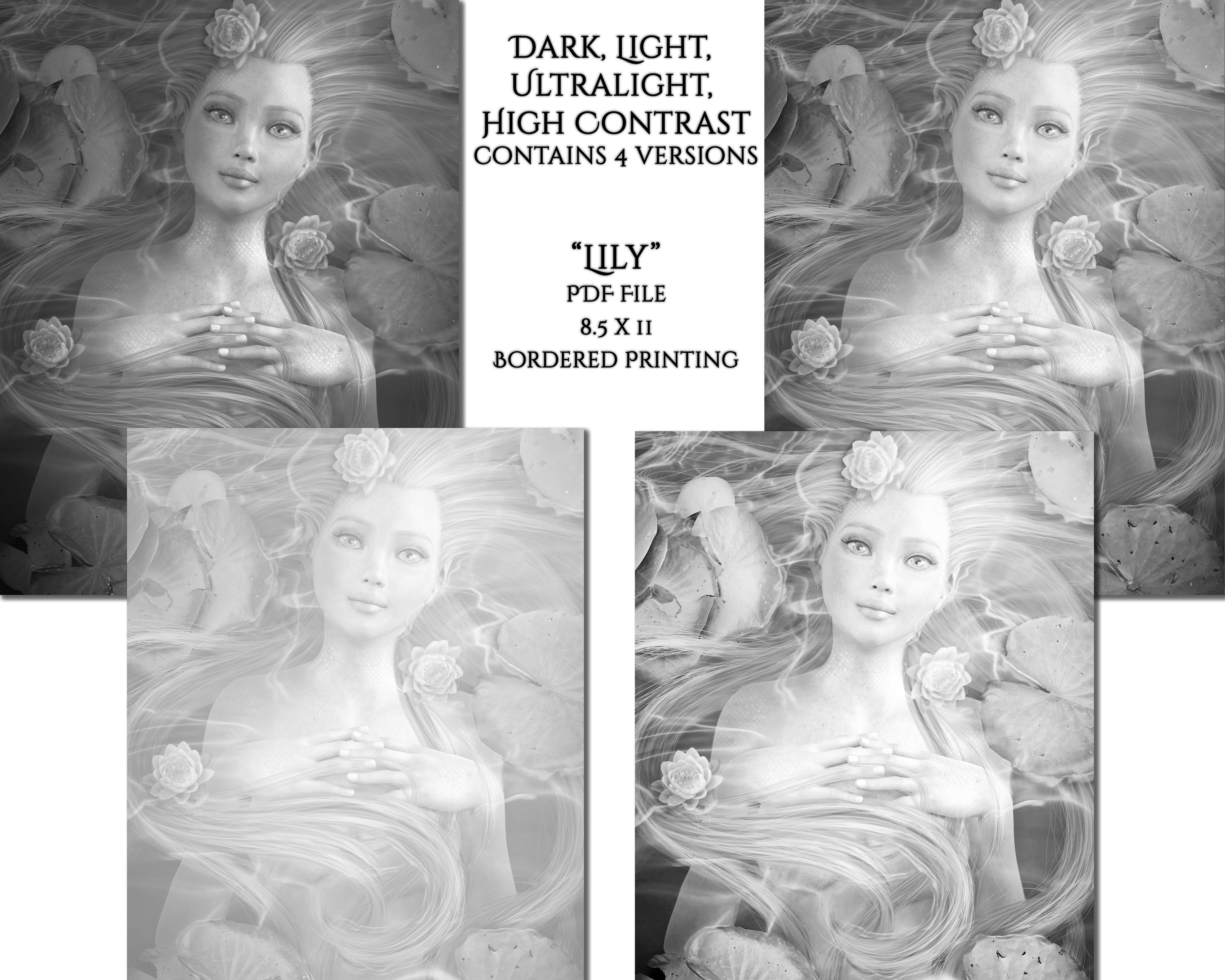 Mermaid Sunbathing in the Lily Pads Grayscale Art Coloring - Etsy