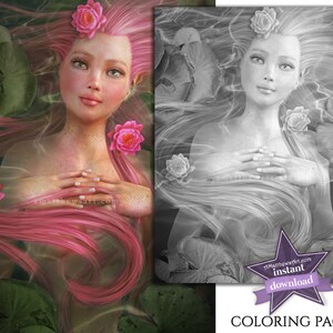 Mermaid Sunbathing in the Lily Pads Grayscale Art Coloring Page Instant ...
