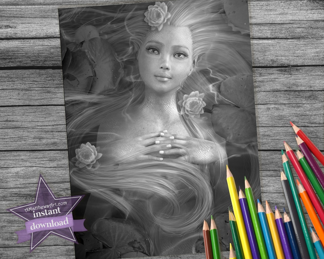 Mermaid Sunbathing in the Lily Pads Grayscale Art Coloring - Etsy