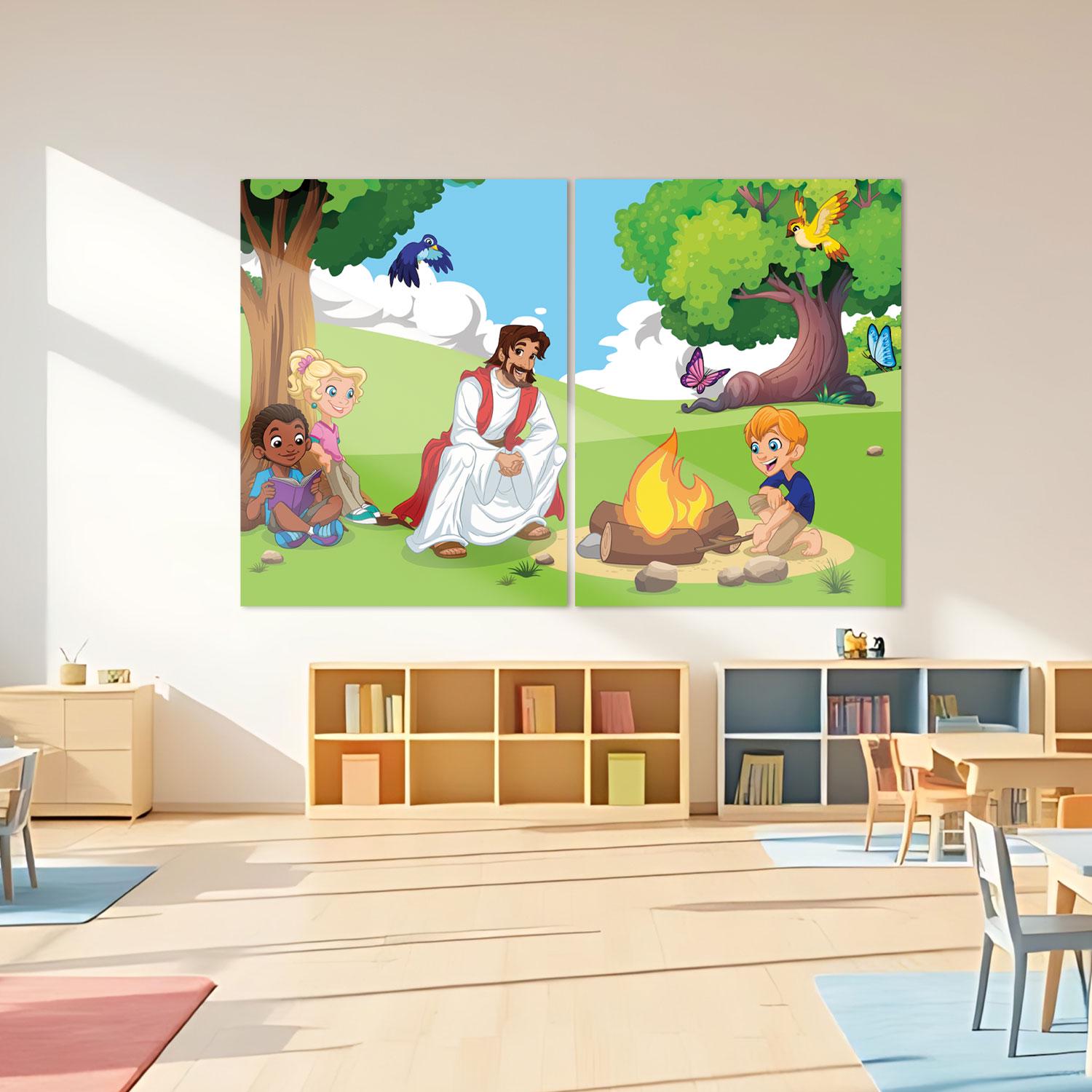 Jesus With Children Campfire Collage Banner – Christian Wall Art for ...