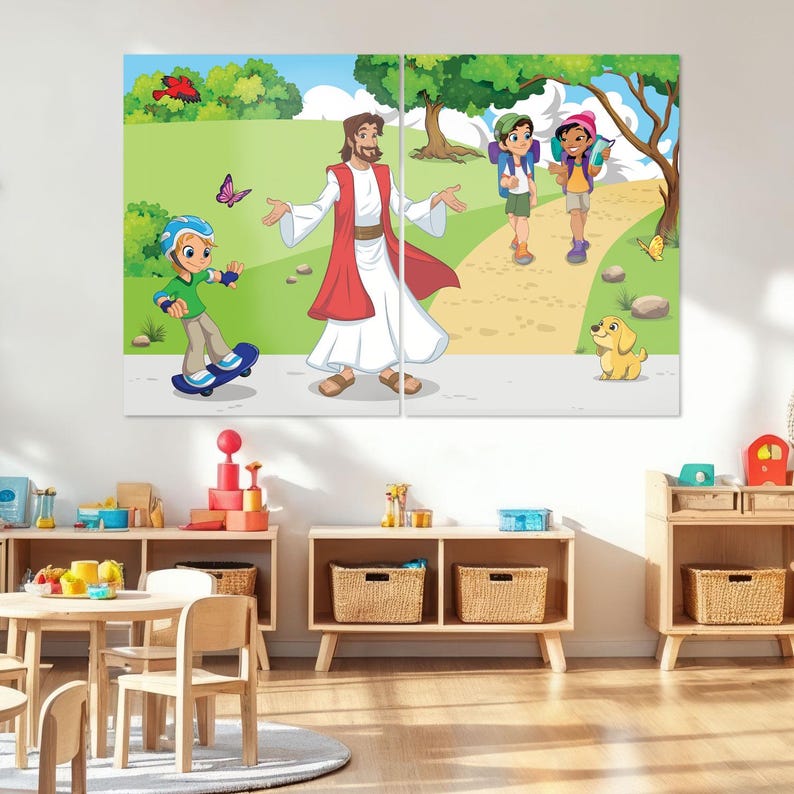 Jesus With Children Park Collage Banner – Christian Wall Art for Sunday ...