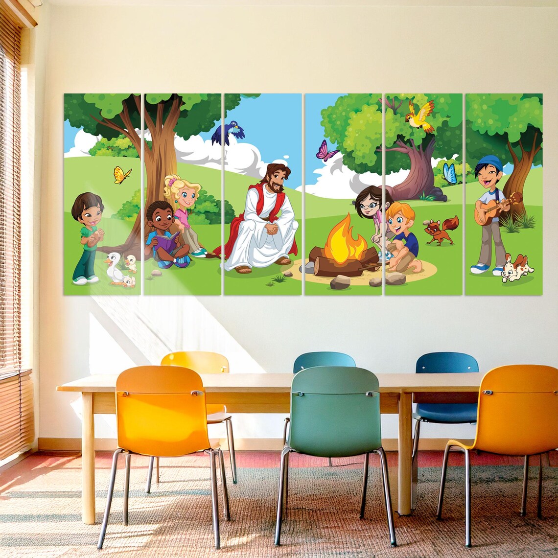 Jesus With Children Campfire Collage Banner – Christian Wall Art for ...