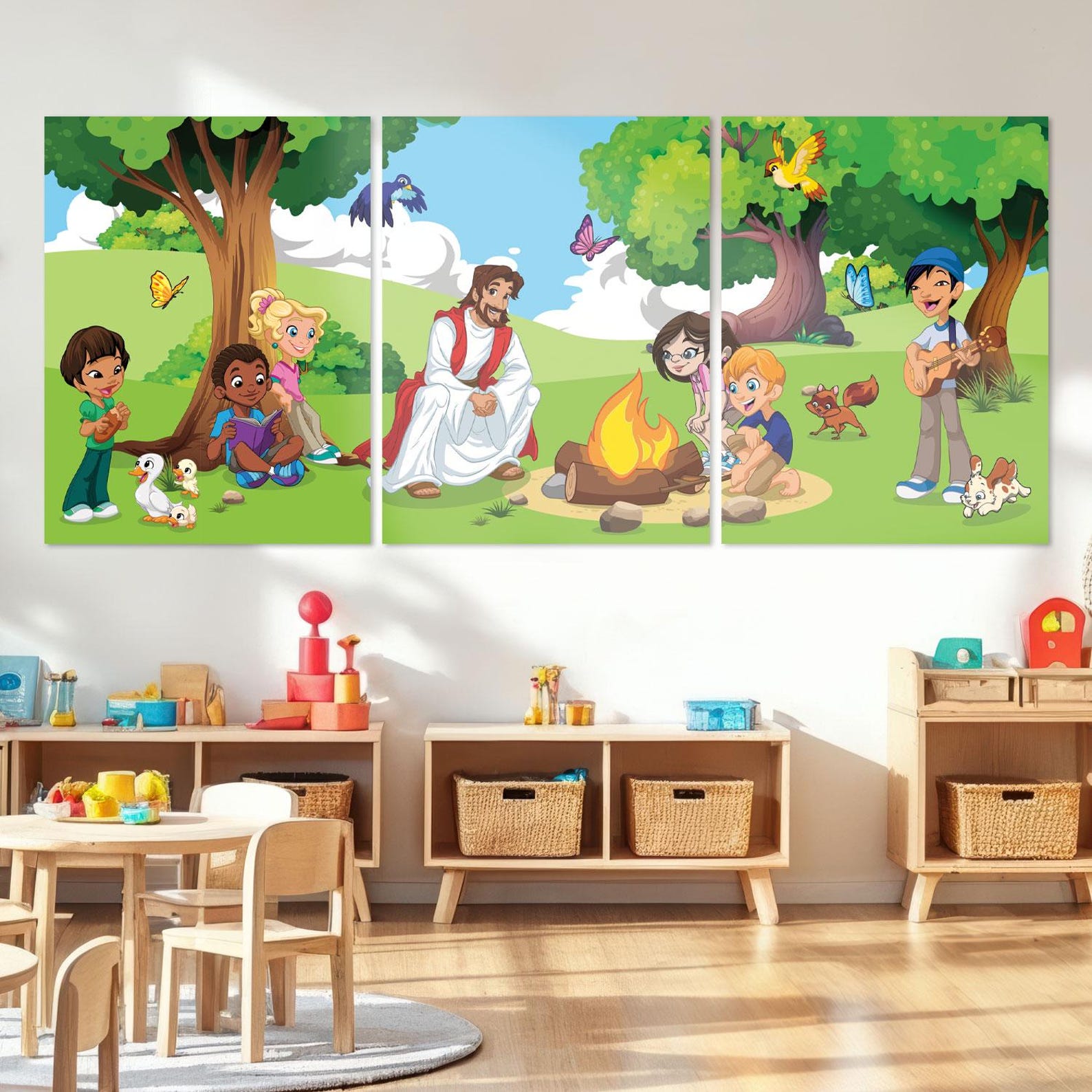 Jesus With Children Campfire Collage Banner – Christian Wall Art for ...