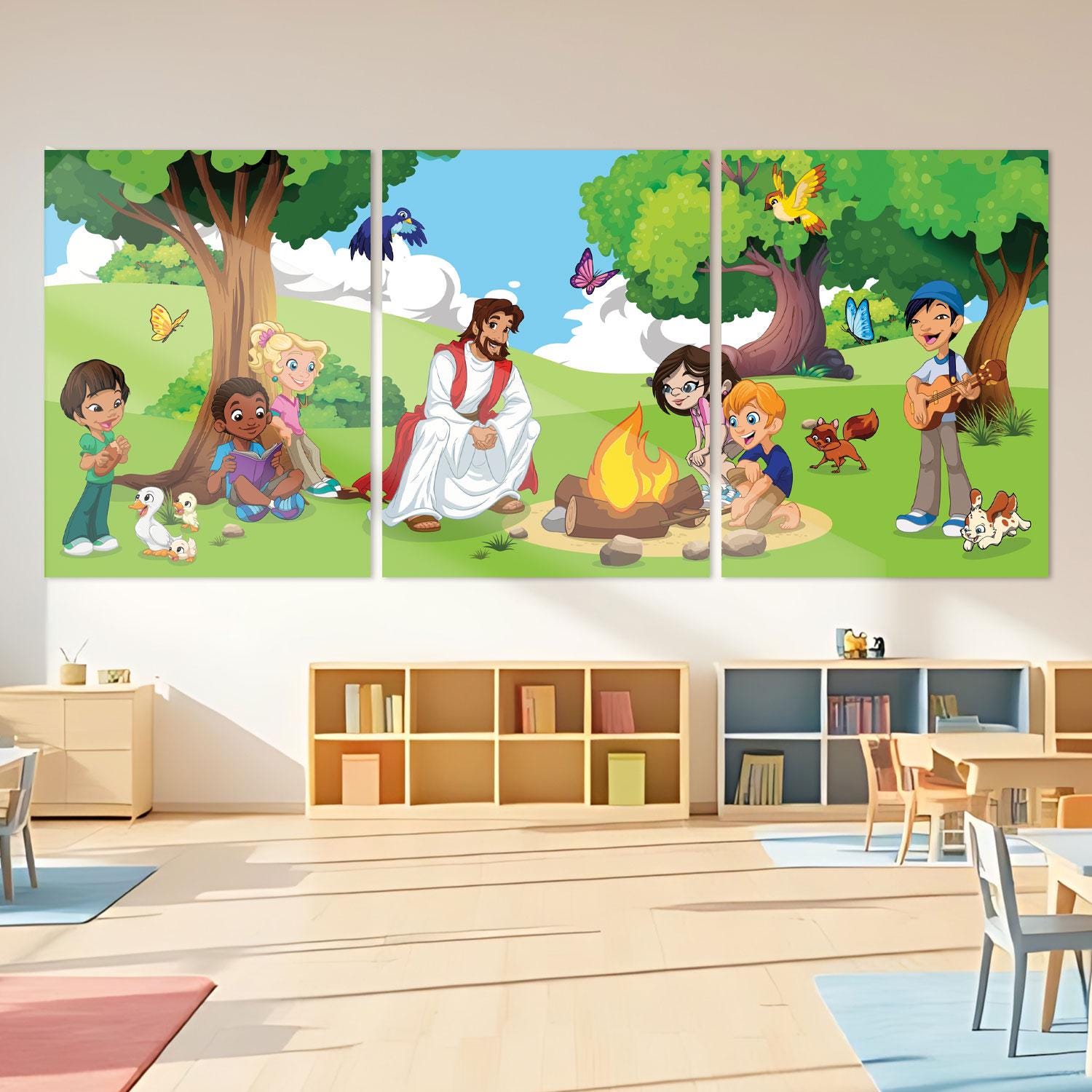 Jesus With Children Campfire Collage Banner – Christian Wall Art for ...