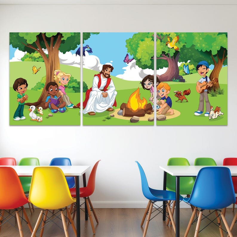 Jesus With Children Campfire Collage Banner – Christian Wall Art for ...
