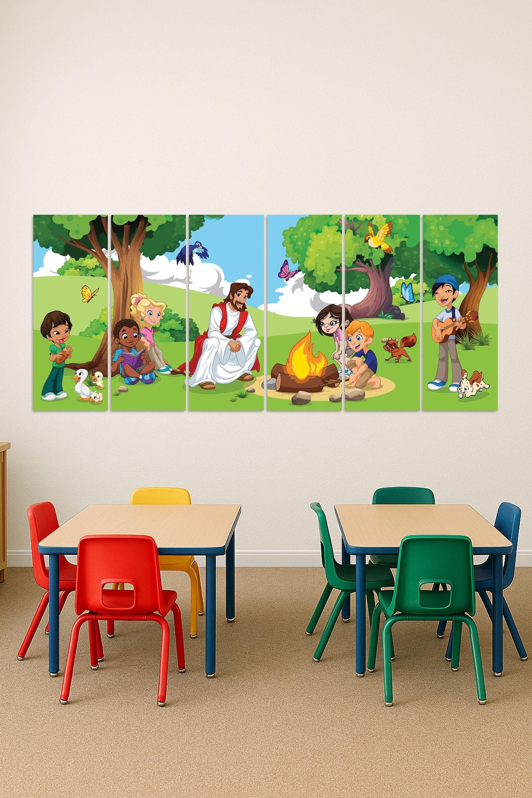 Jesus With Children Campfire Collage Banner – Christian Wall Art for ...