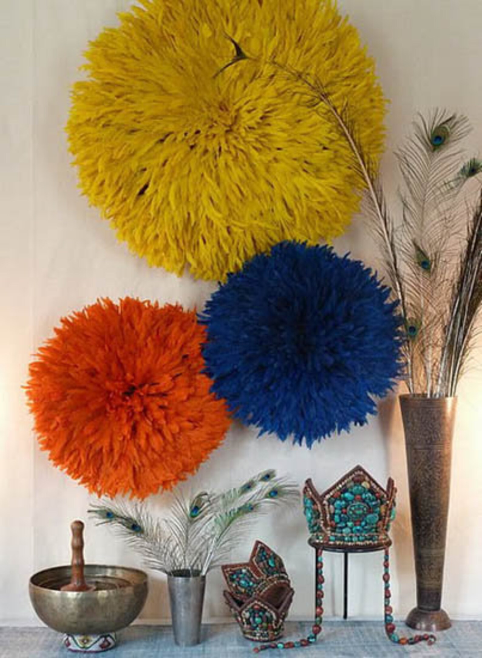 Orange Juju Hat Feather Wall Hanging Handmade Wall Decor Cameroon Juju ...