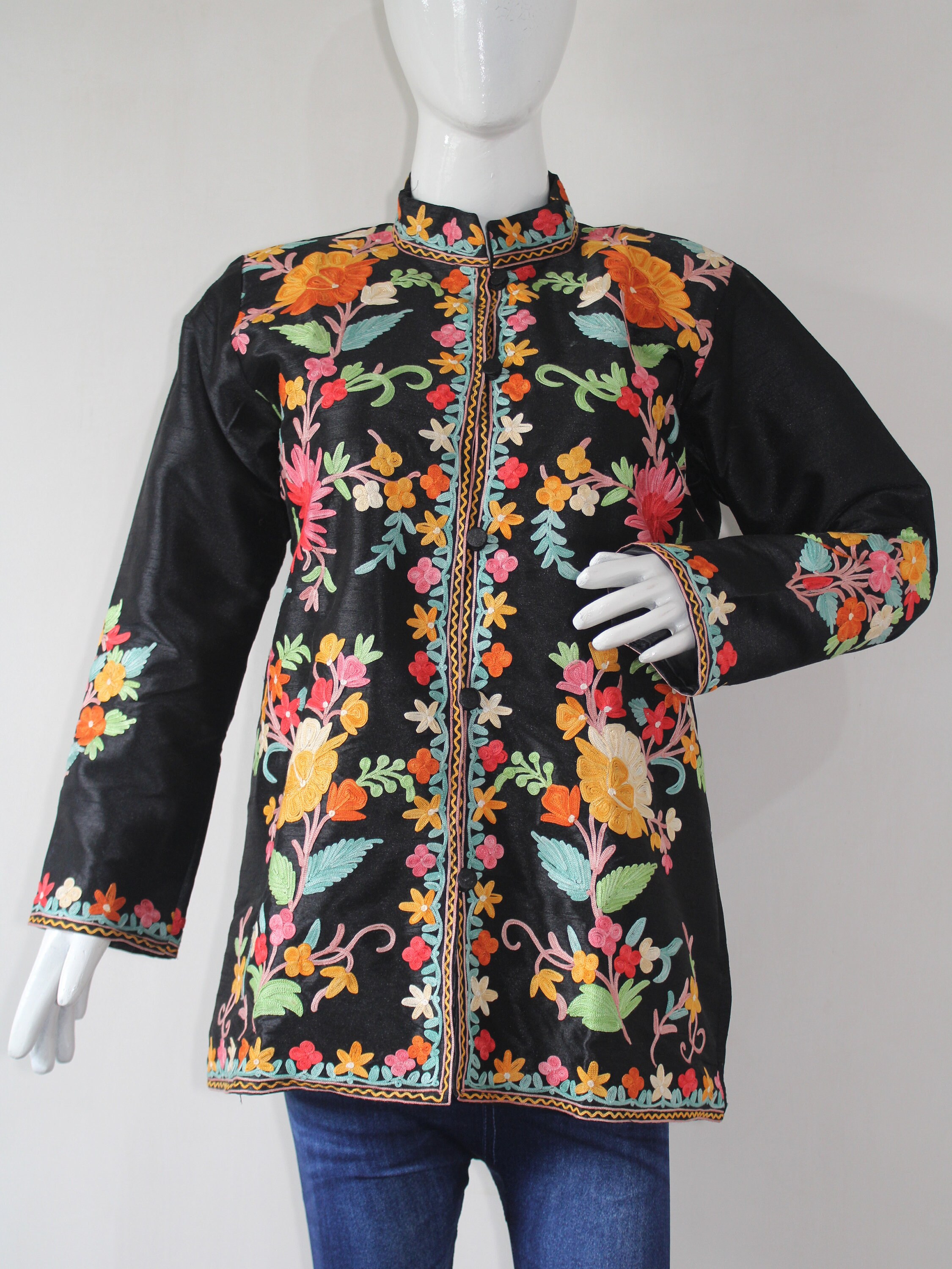Kashmiri Jacket With Aari Embroidery, Floral Jacket With Multicolour ...