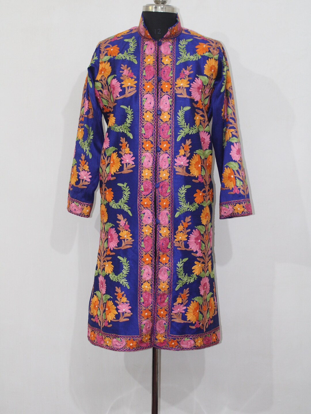 Long Silk Jacket With Traditional Kashmiri Aari Embroidery, Silk Kimono ...
