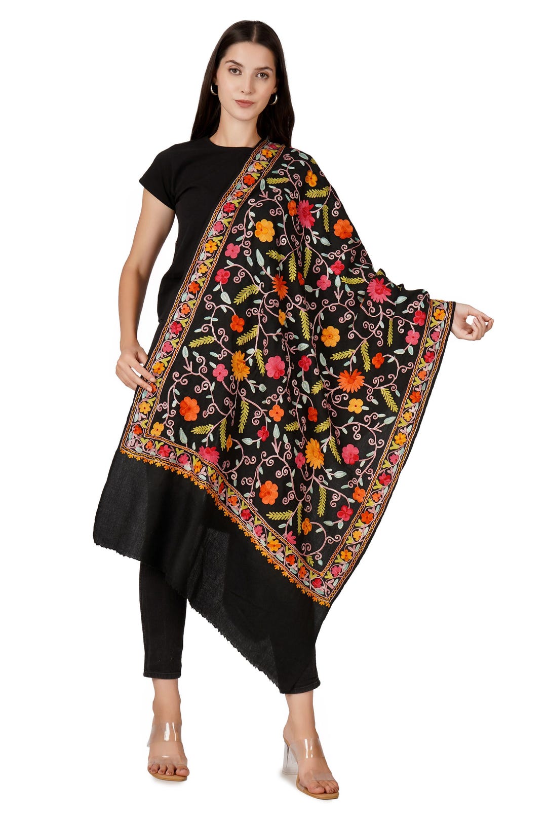 Floral Kashmiri Wool Scarf: Aari Embroidered Indian Shawl - Etsy
