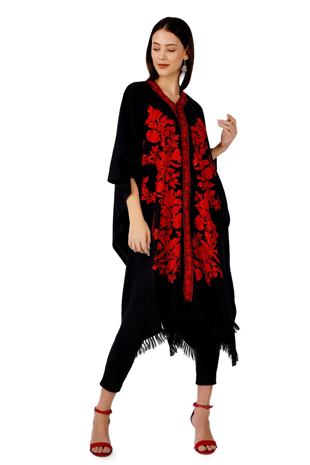Kashmiri Aari Embroidered Cape Shawl for Women, Floral Embroidered ...