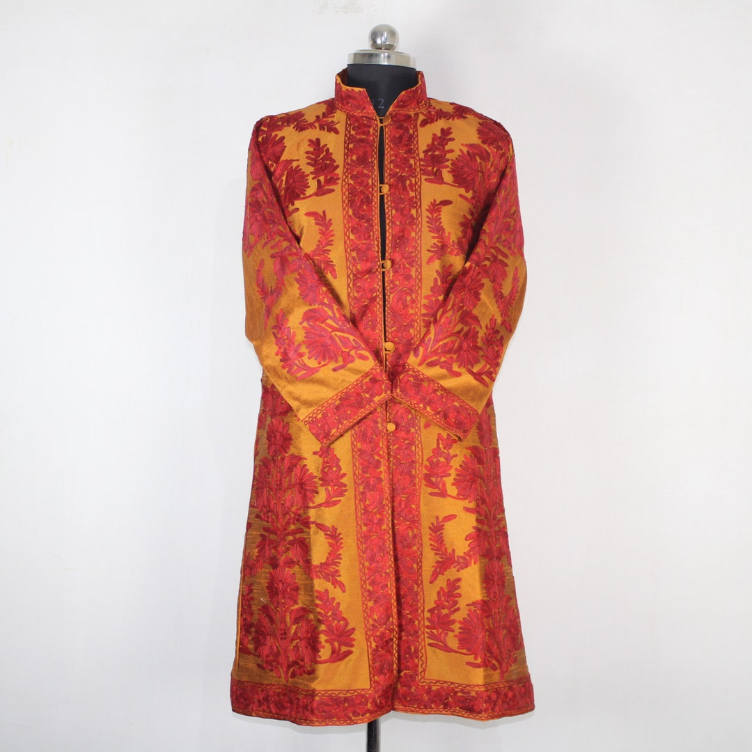 Handmade Aari Embroidered Silk Kashmiri Jacket: Long Floral Coat - Etsy