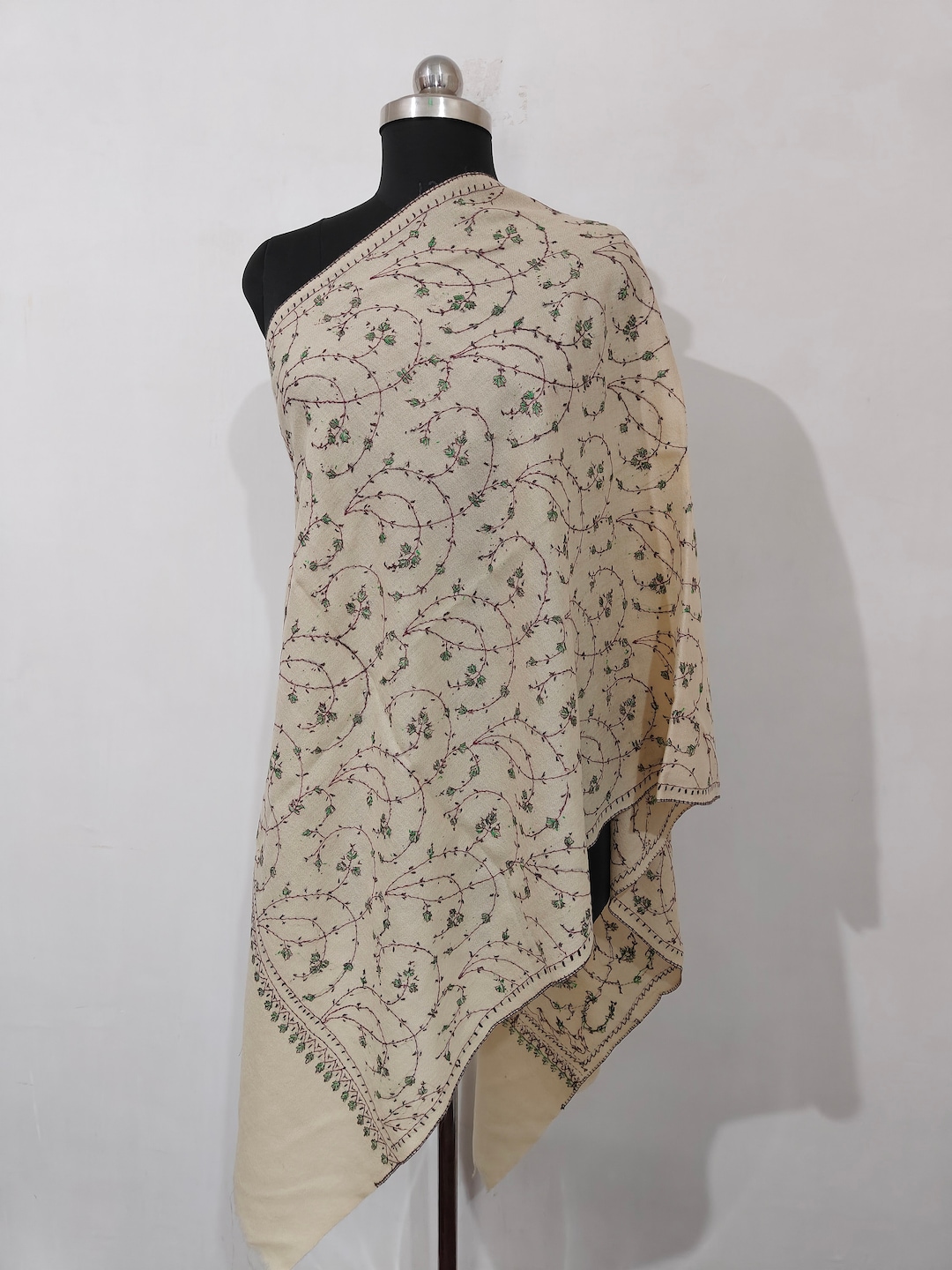 Kashmiri Sozni Embroidery Scarf, Pure Cashmere Wrap, Pashmina Scarf ...