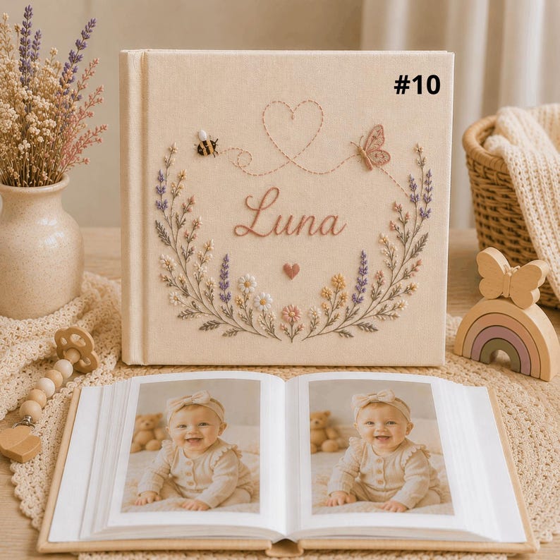 Hand Embroidered Baby Photo Album, Personalized Floral Memory Book ...