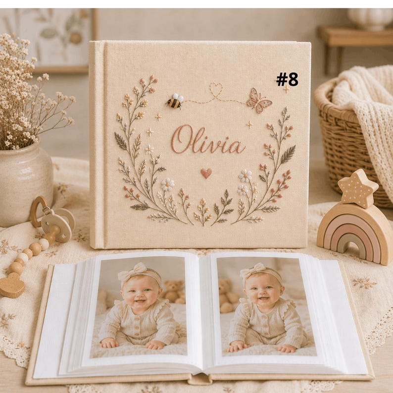 Hand Embroidered Baby Photo Album, Personalized Floral Memory Book ...