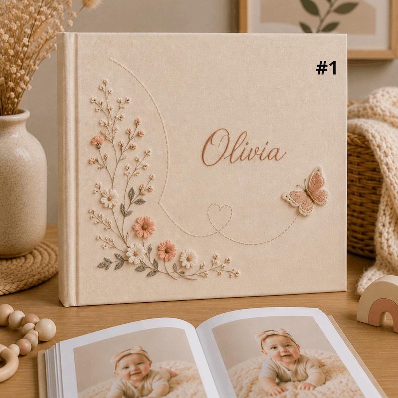 Hand Embroidered Baby Photo Album, Personalized Floral Memory Book ...
